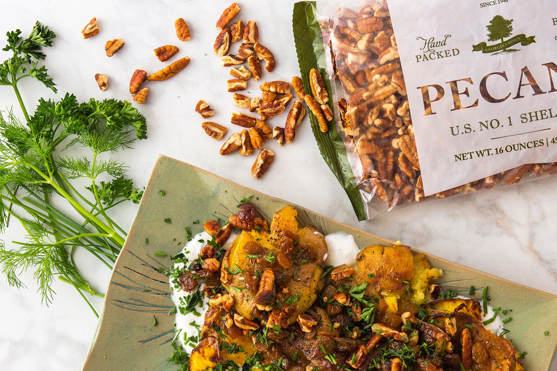 Libbie Summers' Crispy Potatoes with Pecan Dressing - Schermer Pecans